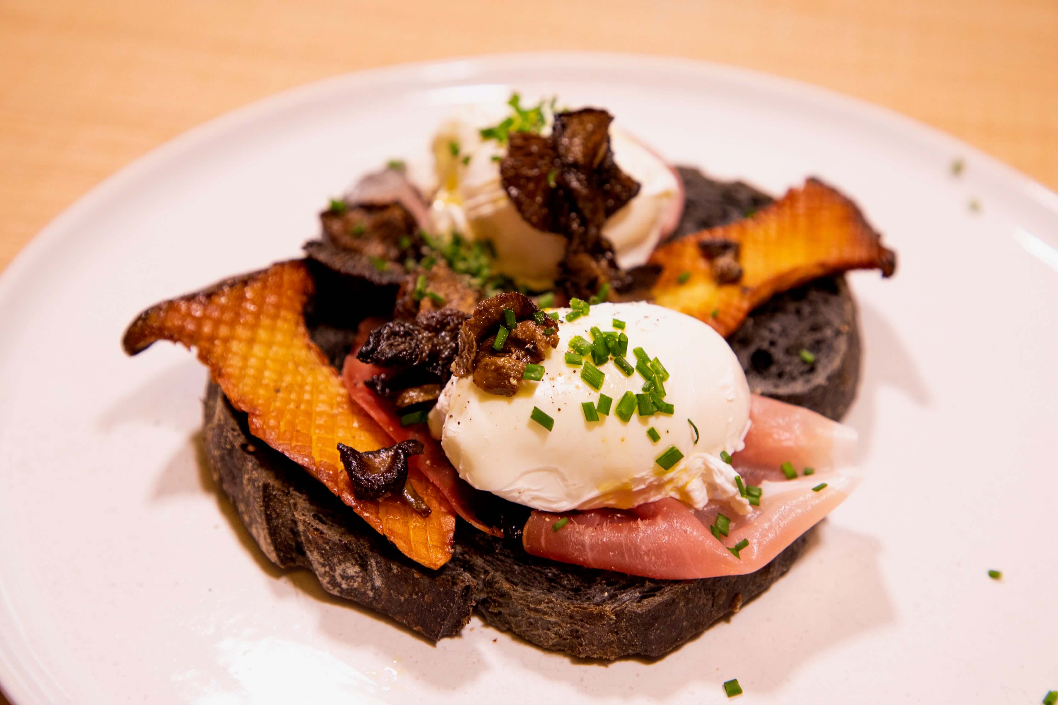 Poached egg, truffle, mushroom and speck brunch